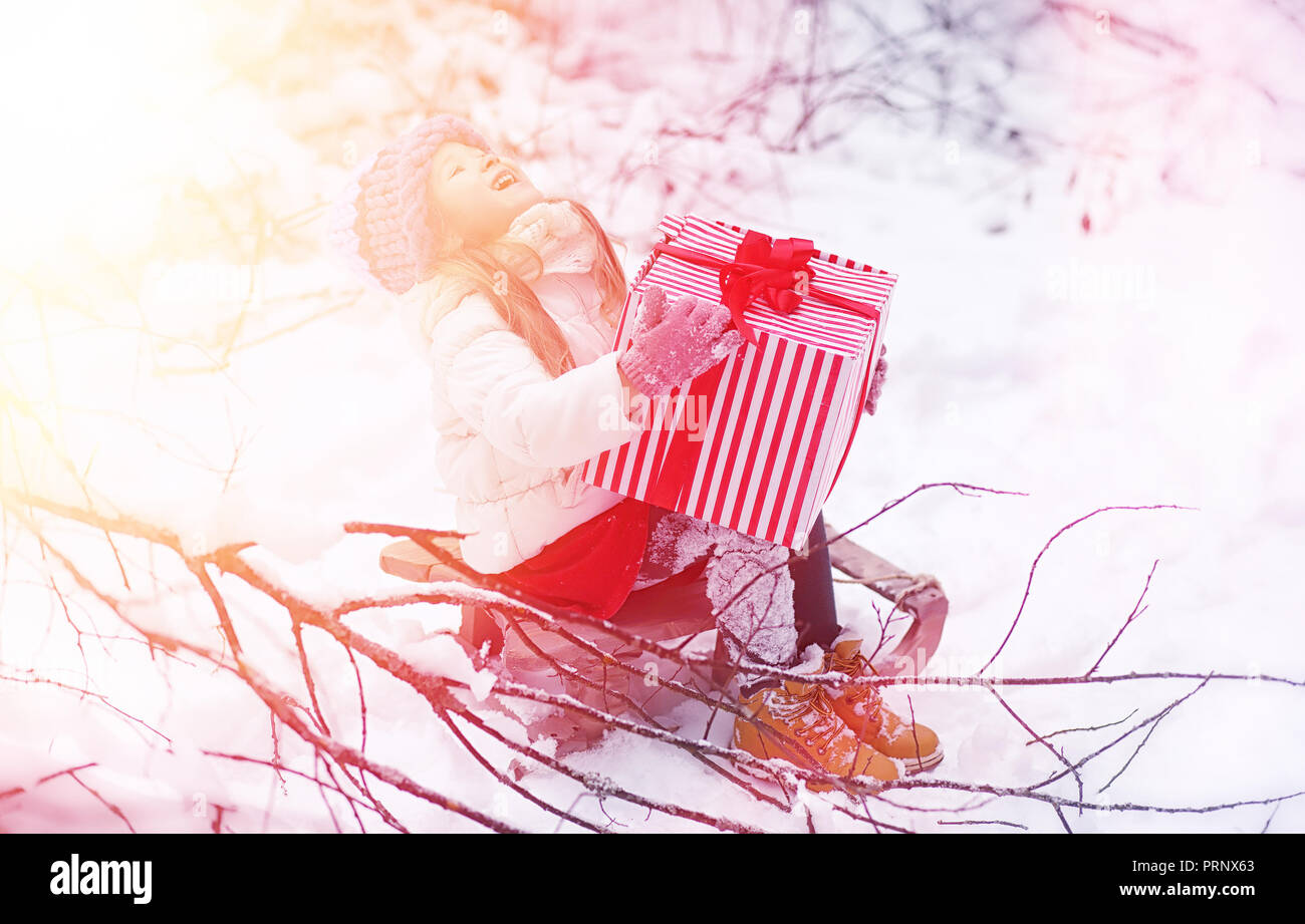 A winter fairy tale, a young mother and her daughter ride a sled Stock ...
