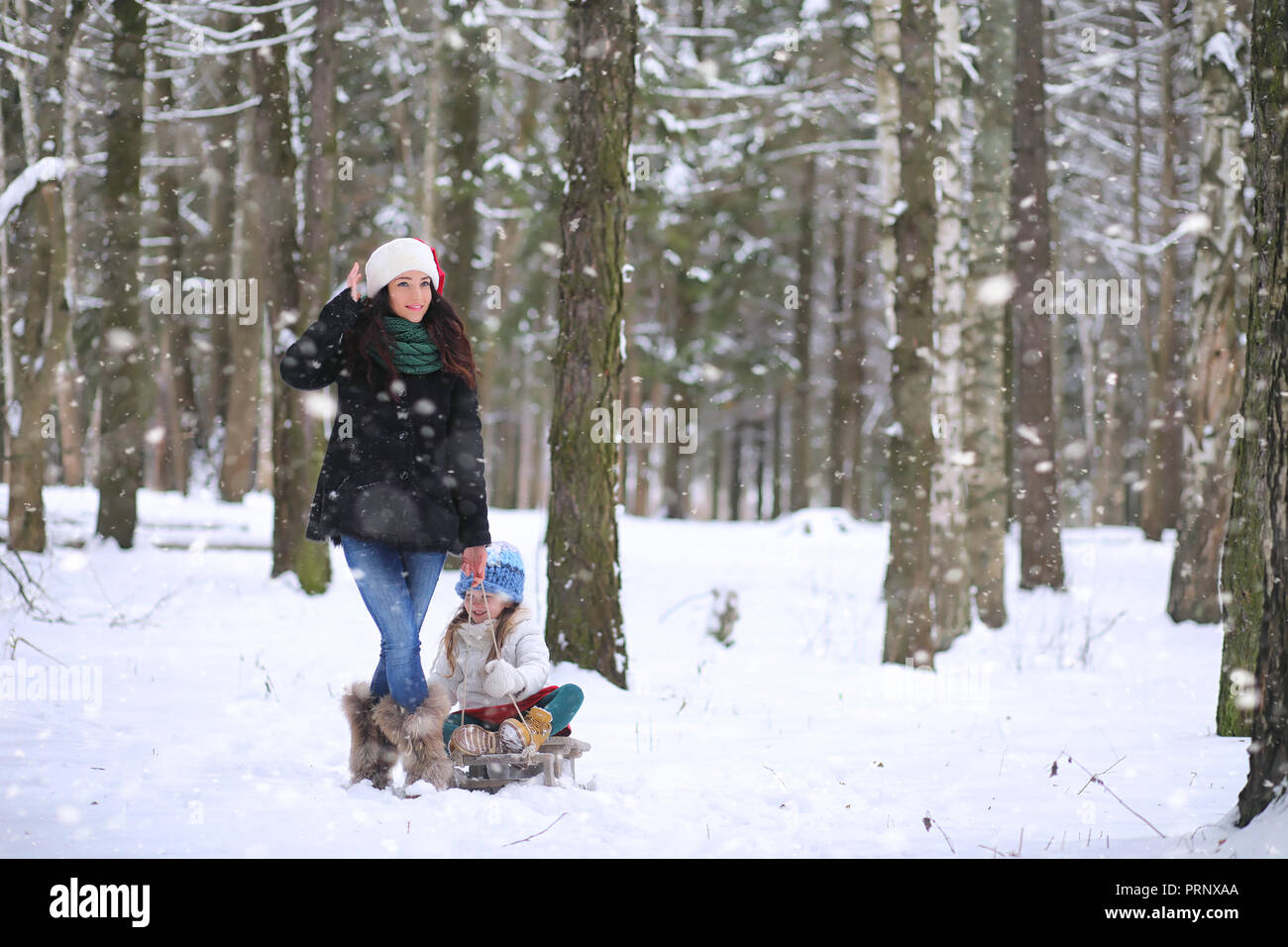 A winter fairy tale, a young mother and her daughter ride a sled Stock ...