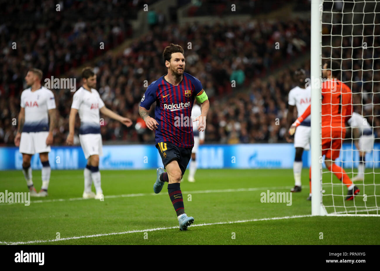 Barcelona's Lionel Messi celebrates scoring his sides third goal during ...