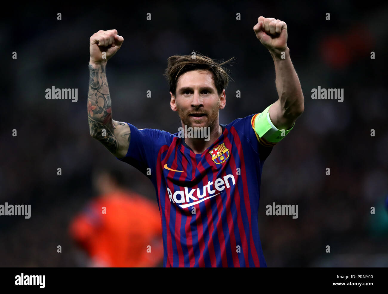 Barcelona's Lionel Messi celebrates scoring his sides third goal during ...
