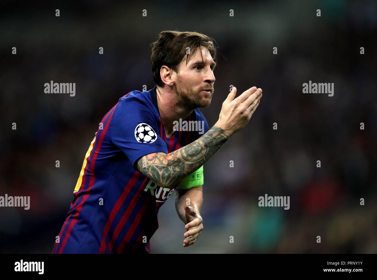 Barcelona's Lionel Messi celebrates scoring his sides third goal during ...