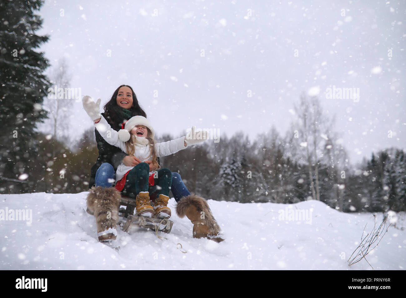 A winter fairy tale, a young mother and her daughter ride a sled Stock ...