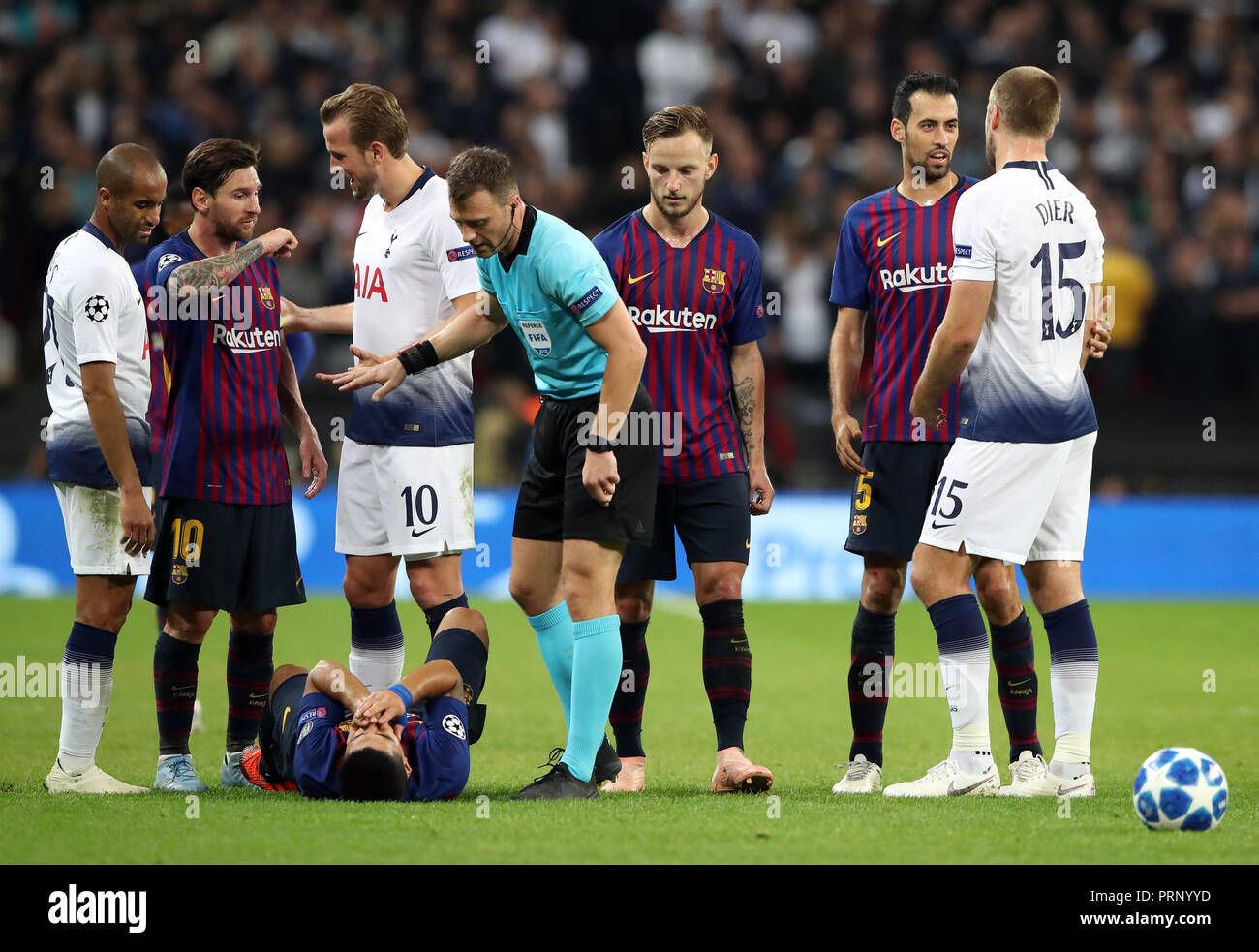 Barcelona's Lionel Messi gestures towards the referee following a ...