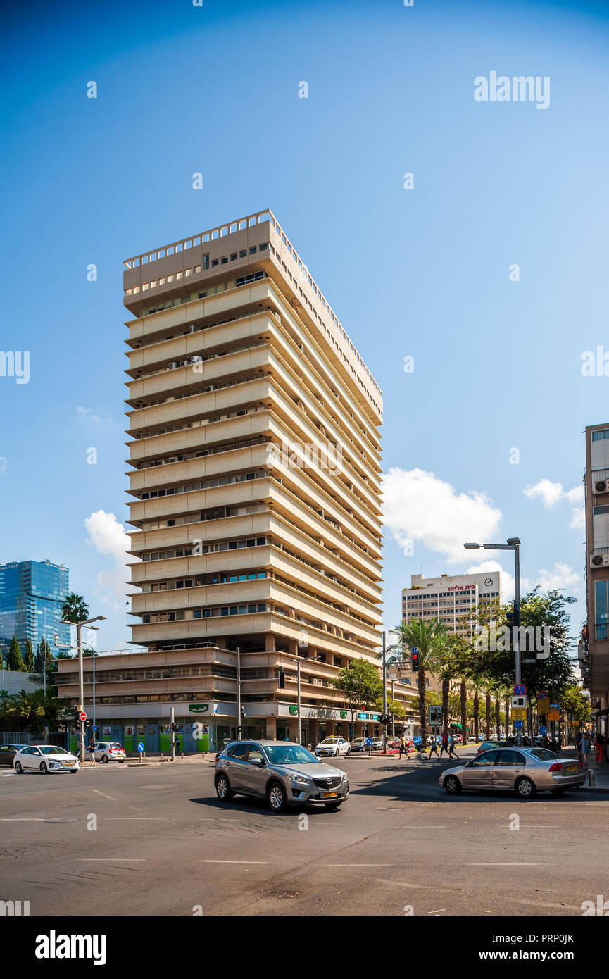 Israel, Tel Aviv - 08 September 2018: Yachin-Hakal building, corner of ...