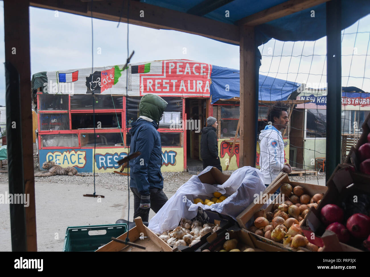 October 12, 2016 - Calais, France: A makeshift shop selling vegetables ...