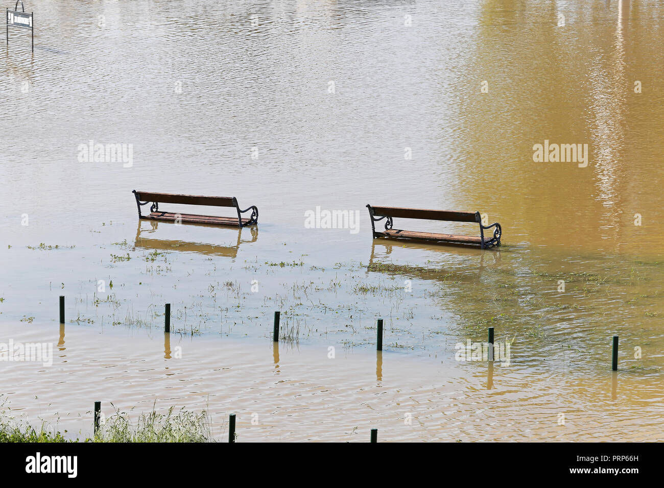 Two benches under water in flooded park Stock Photo - Alamy