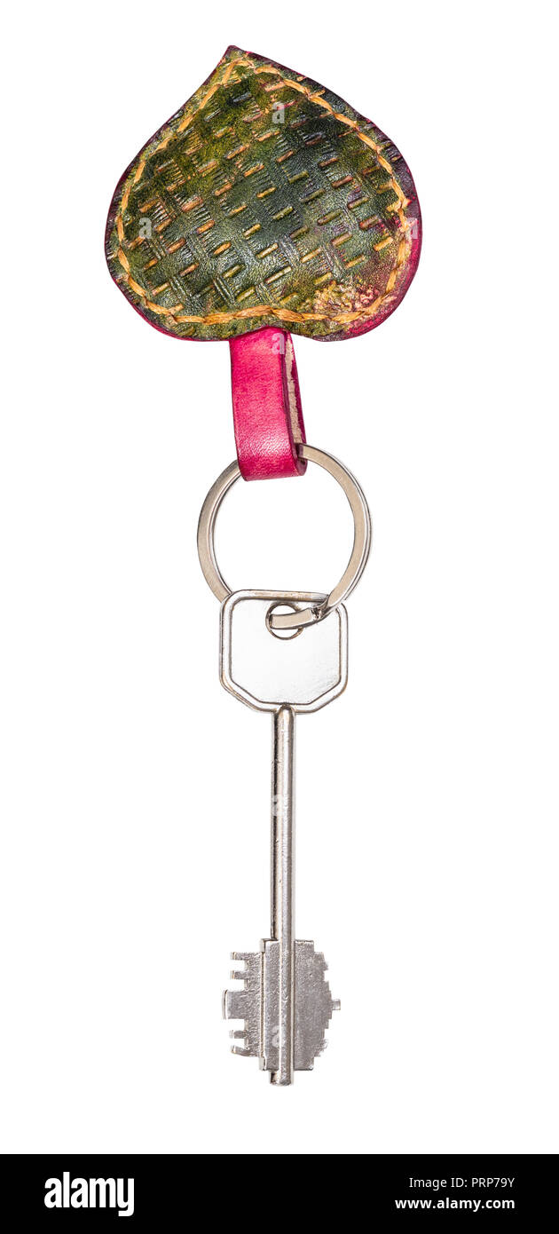 big door key on handmade green colored embossed leather heart shaped ...