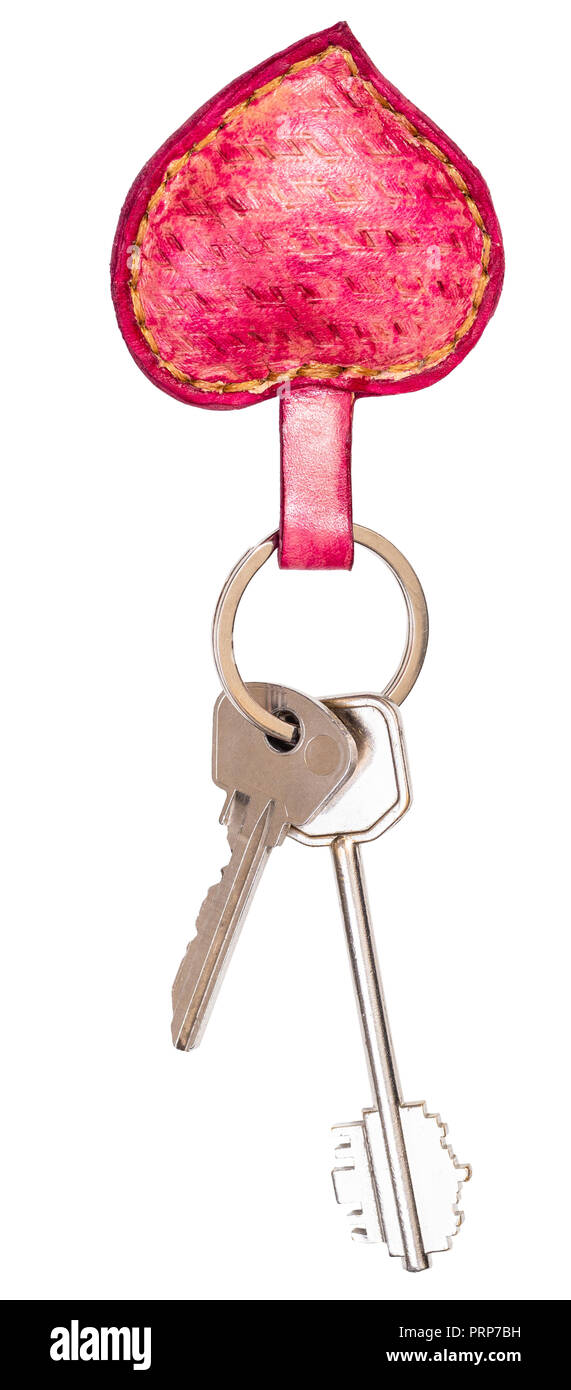 two door keys on pink colored embossed leather heart shaped key fob ...