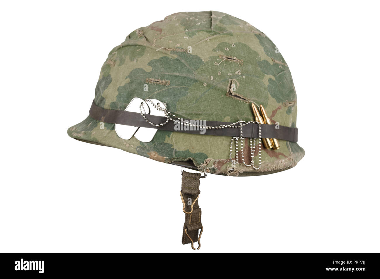 US Army helmet Vietnam war period with camouflage cover goggles and dog ...