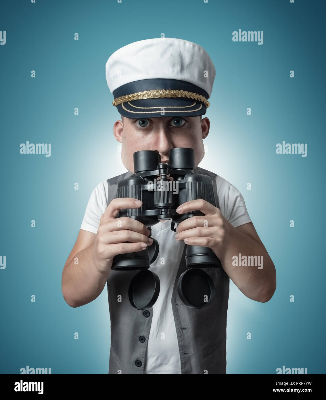 caricature of funny sailor captain holding binoculars and watching ...