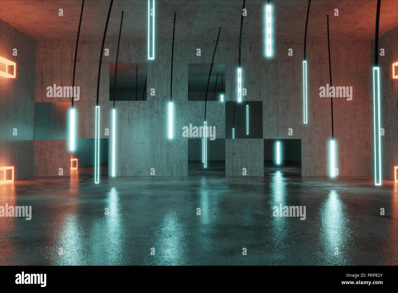 3d rendering of concrete background with illuminated hanging led panels ...
