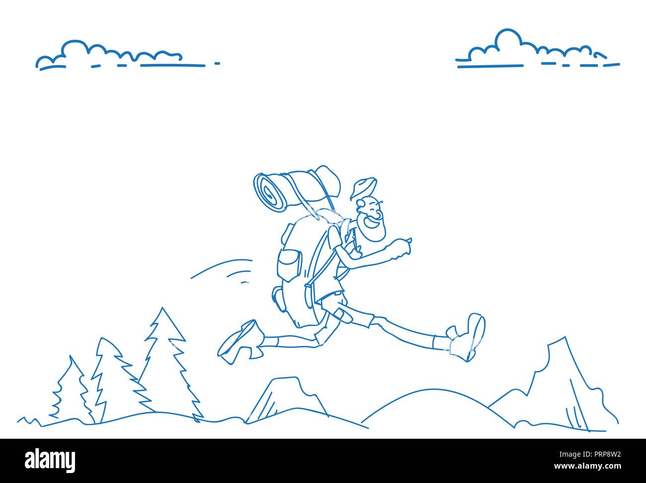 Traveler man big backpack running landscape mountain background hiker ...