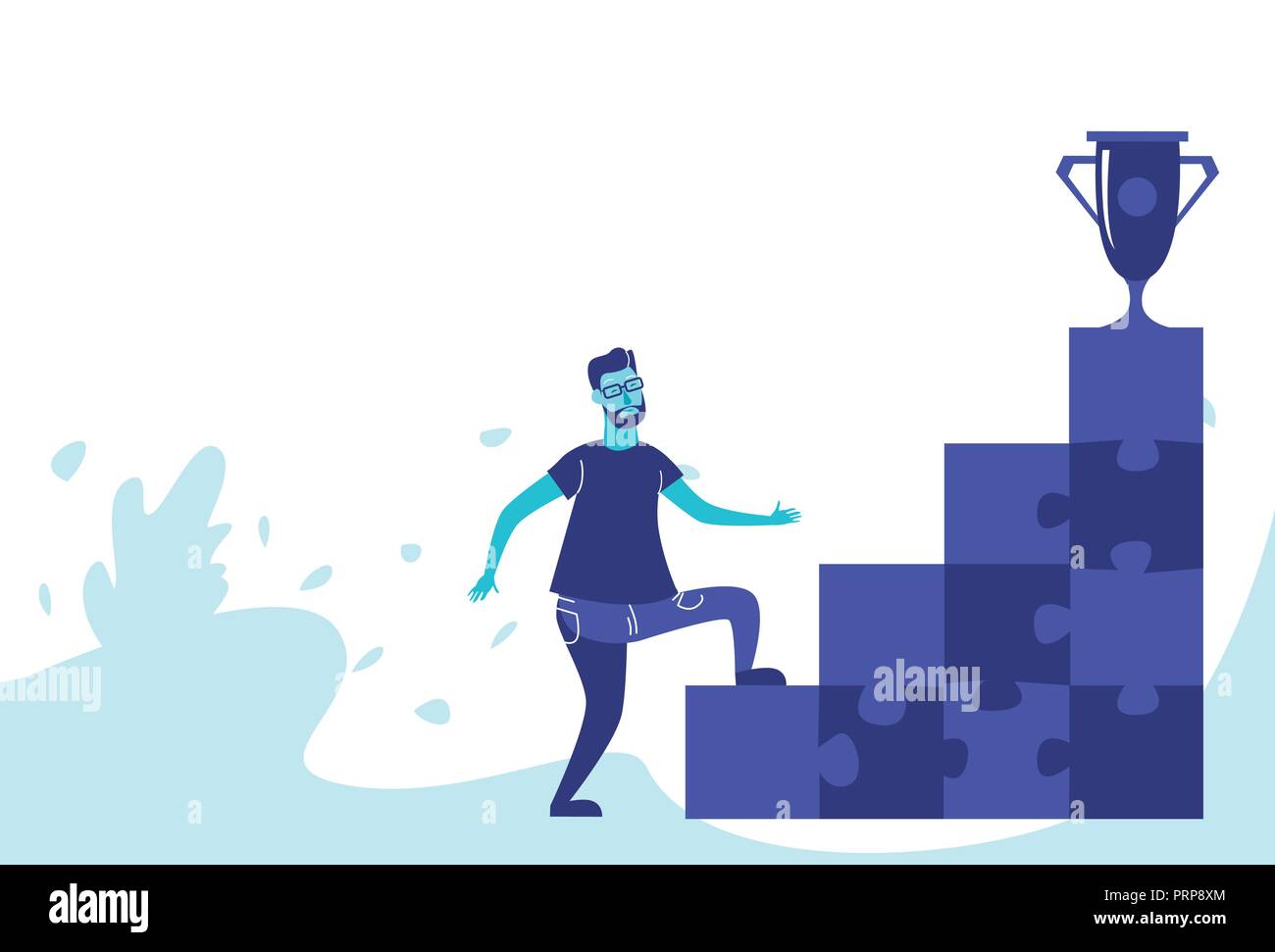 businessman climbing career ladder top trophy cup winner champion first ...