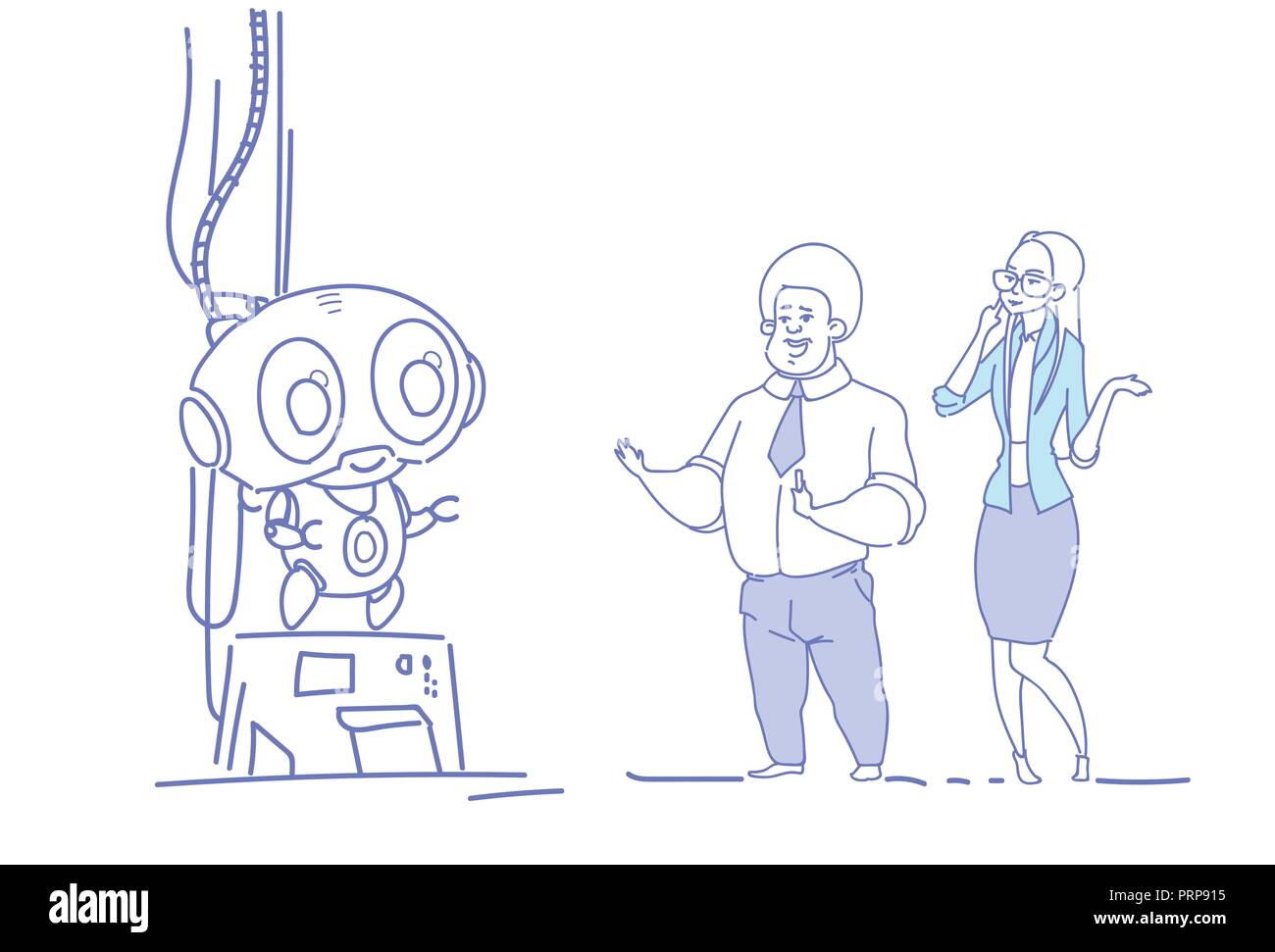 business couple looking modern innovative robot man woman artificial ...