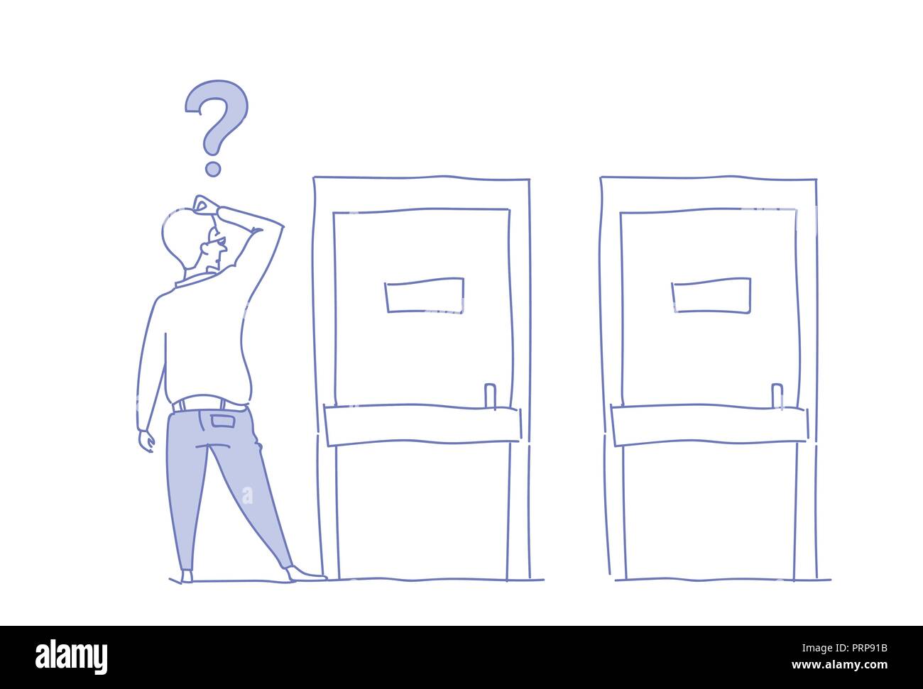 pondering businessman question marks right way two doors choice concept ...