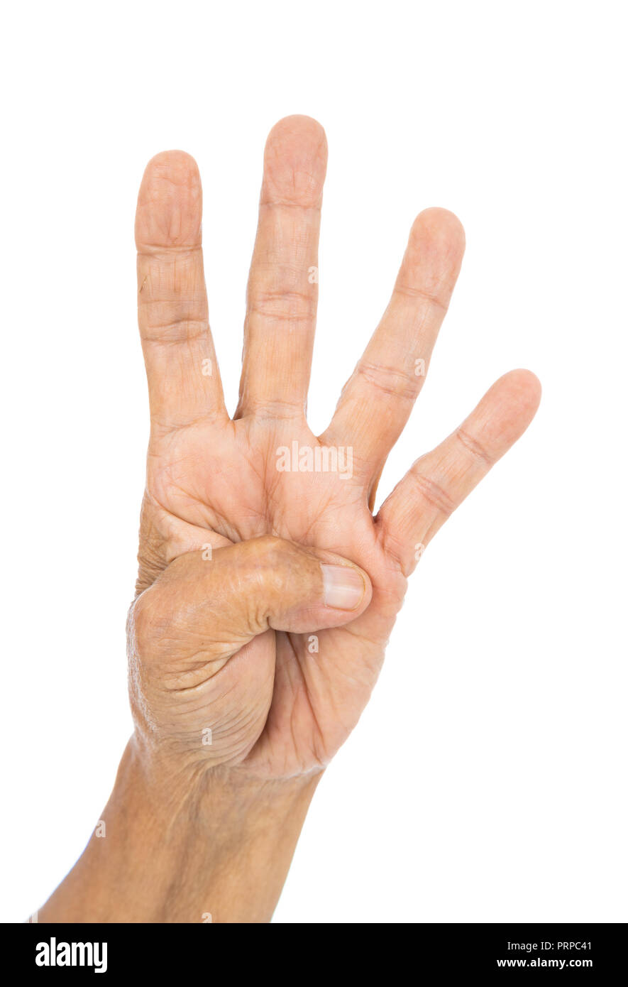 senior hand counting number 4 (four) isolate on a white background ...