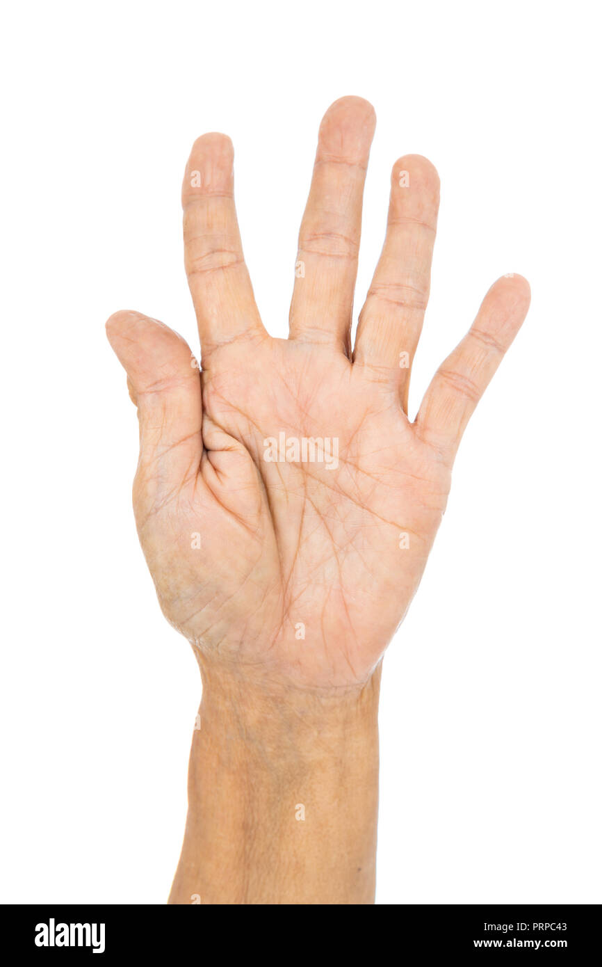 senior hand counting number 5 (five) isolate on a white background ...