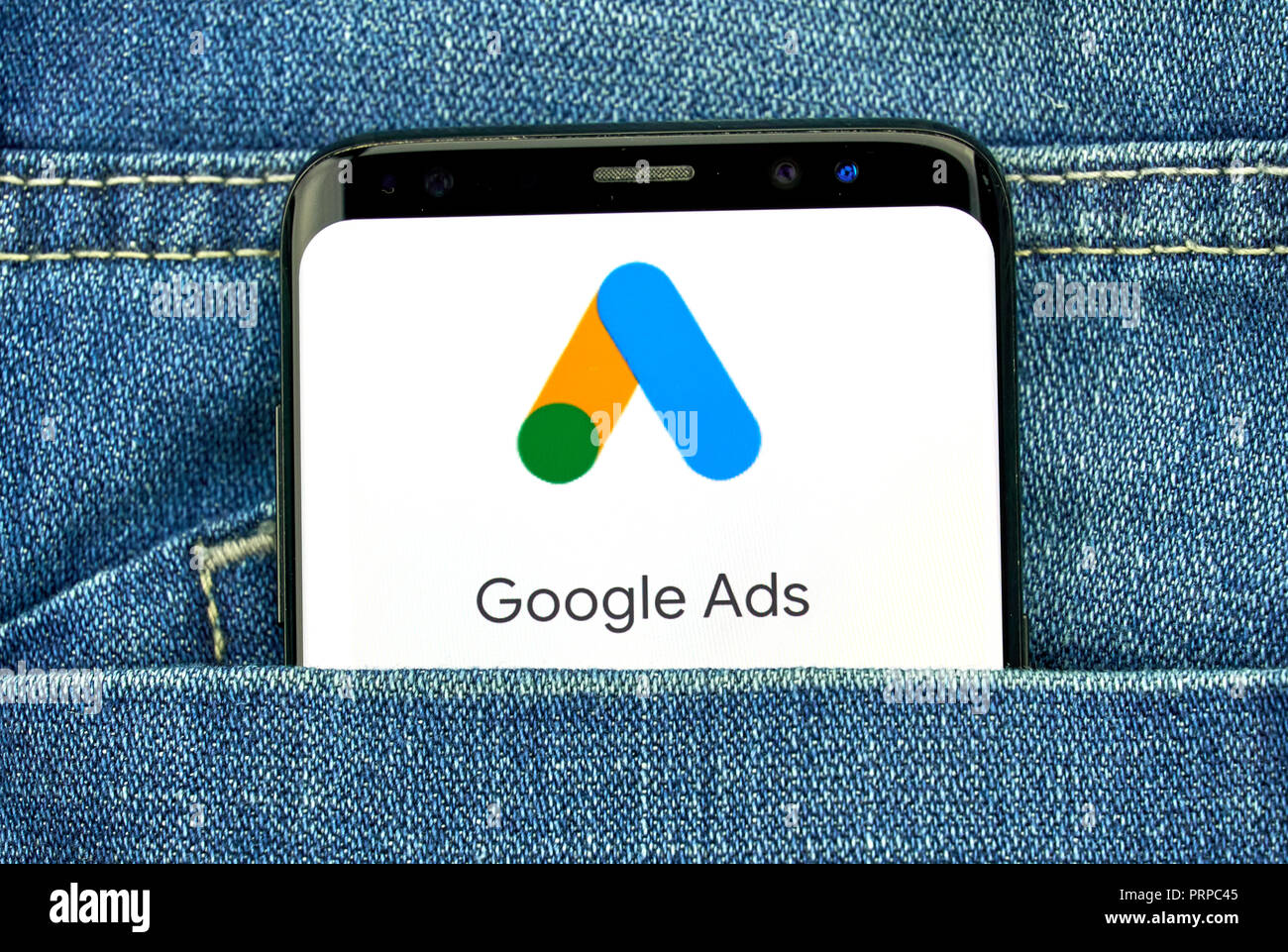 MONTREAL, CANADA - SEPTEMBER 30, 2018: Google Ads new logo and app on a Samsung s8 screen ...
