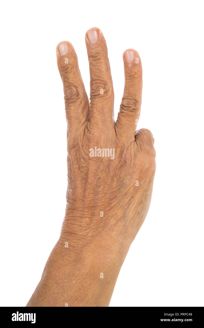 senior hand counting number 3 (three) isolate on a white background ...