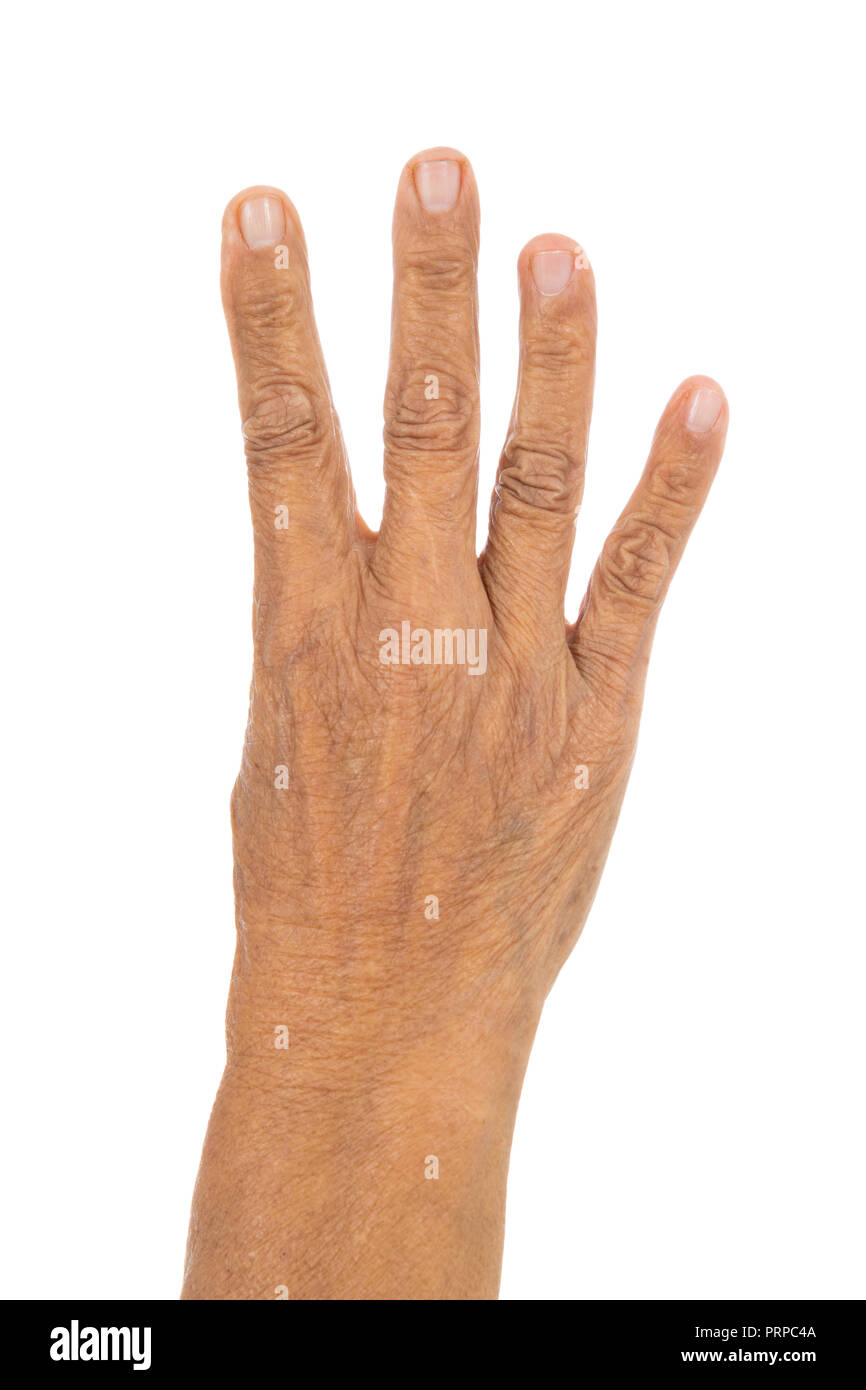 senior hand counting number 4 (four) isolate on a white background ...