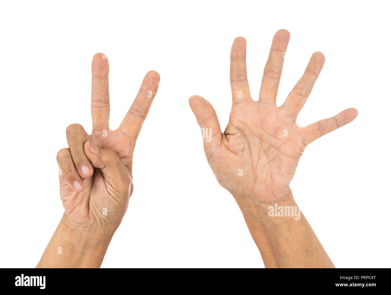 senior hand counting number 7 (seven) isolate on a white background ...