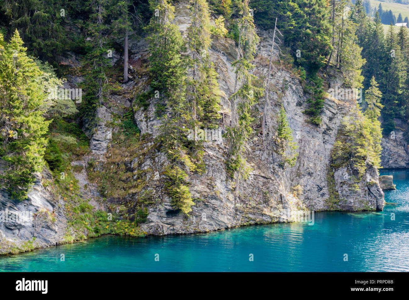Cliff and blue turquoise water on Saint Gerin lake, Alps, France Stock ...