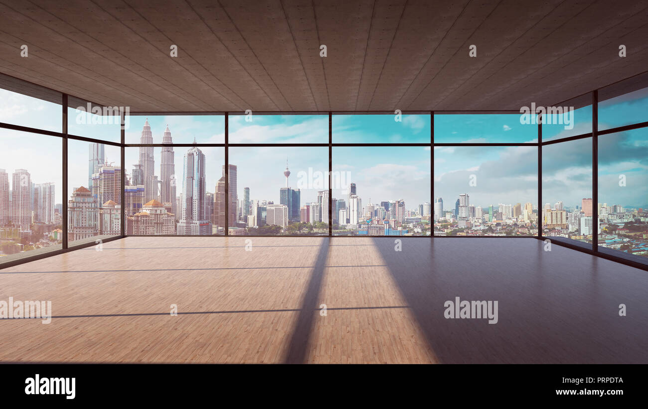 Perspective view of empty wood floor and cement ceiling interior with ...