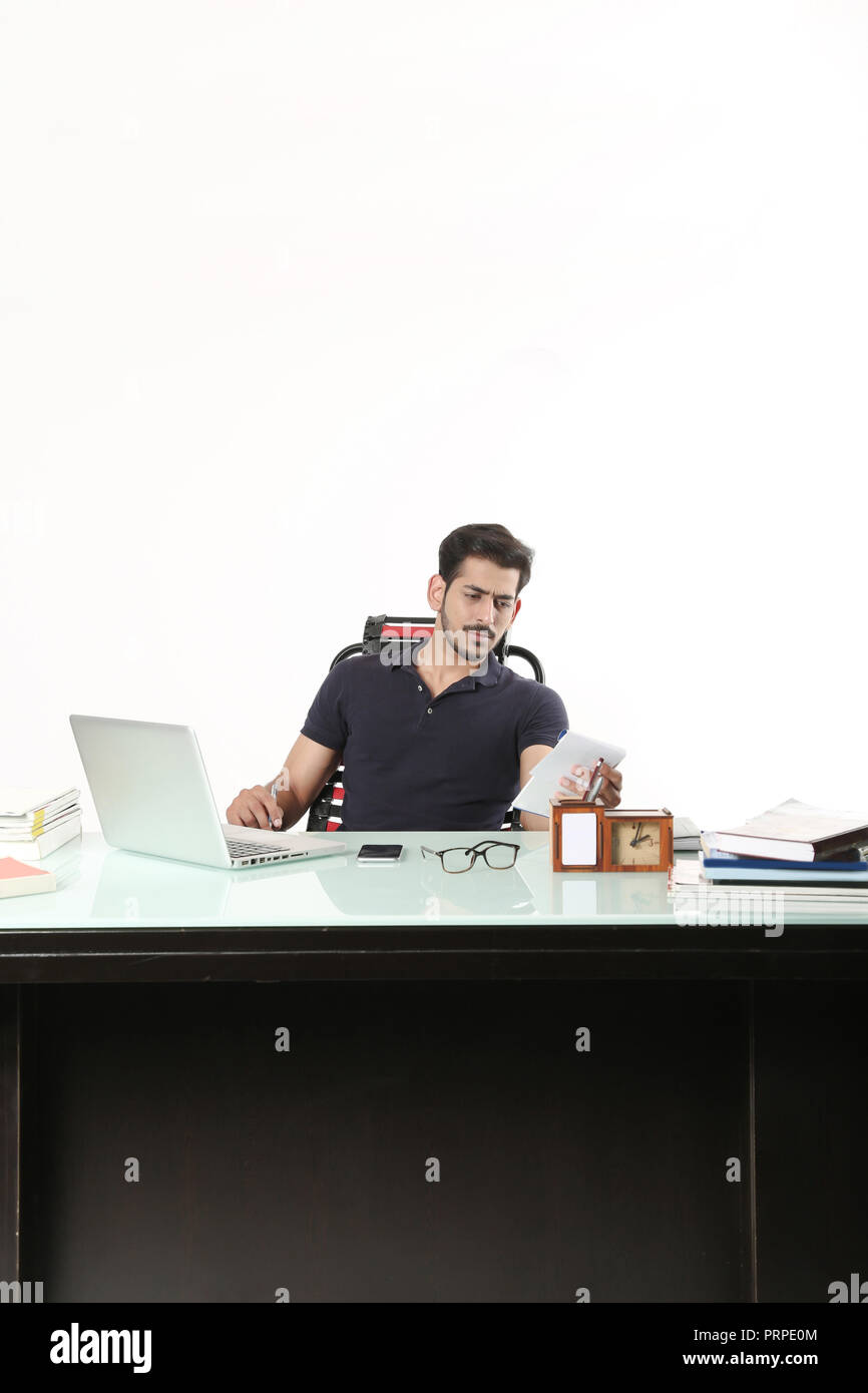 Boy is looking notepad with holding notepad in hand. isolated on white ...