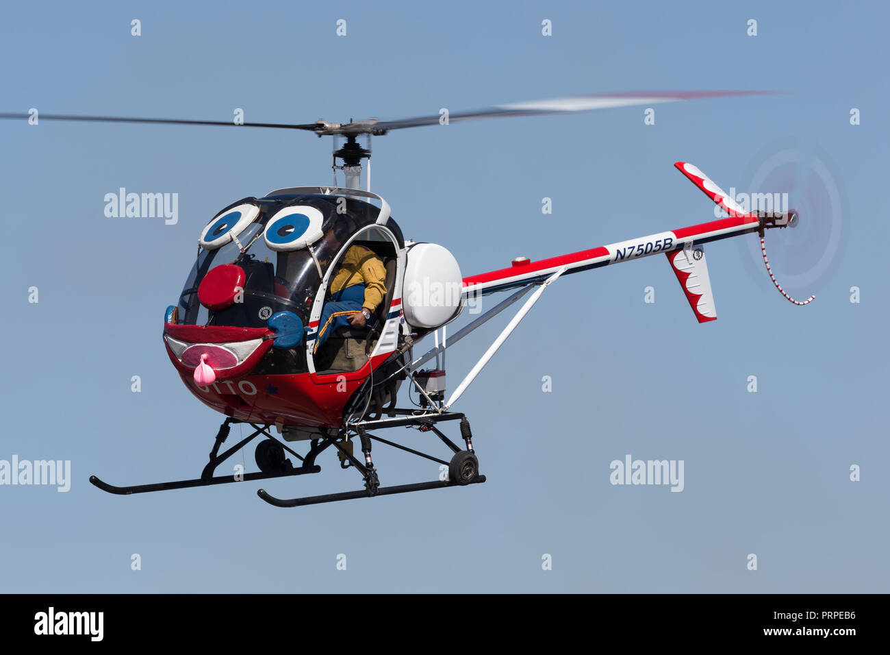 Schweizer 300C "Otto the helicopter" performing a flying display Stock ...
