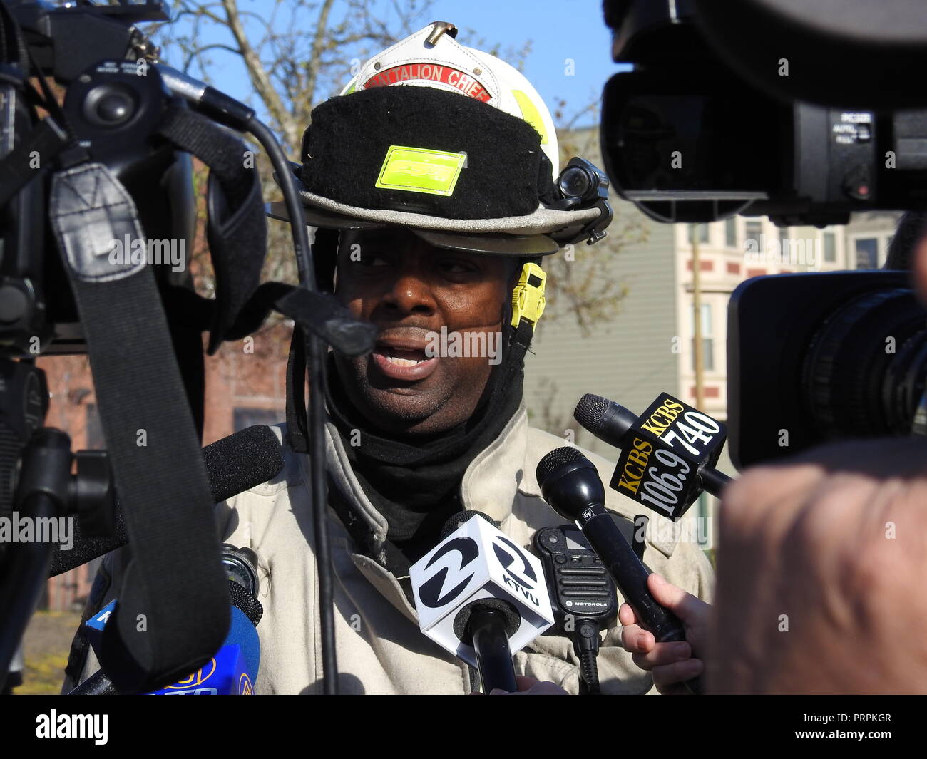 Oakland Fire Department Battalion Chief Erik Logan addresses media ...