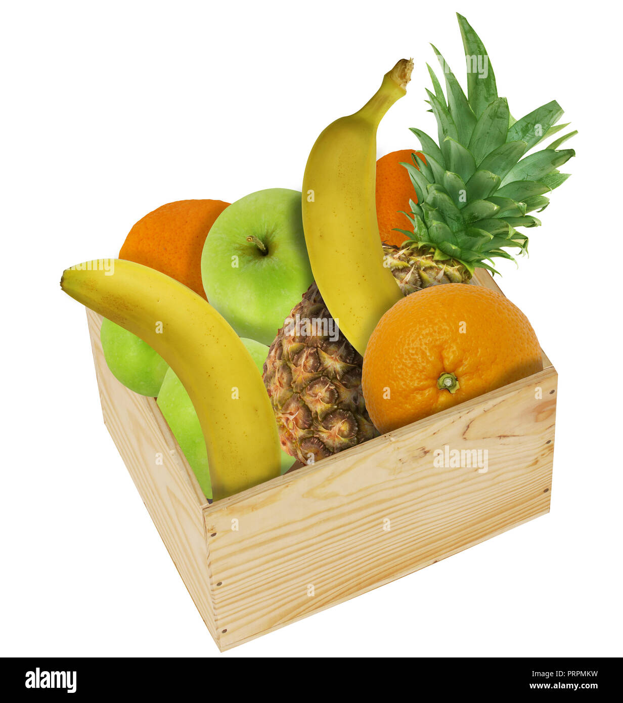 Wooden box filled with orange, apples, bananas and pineapple fruit ...