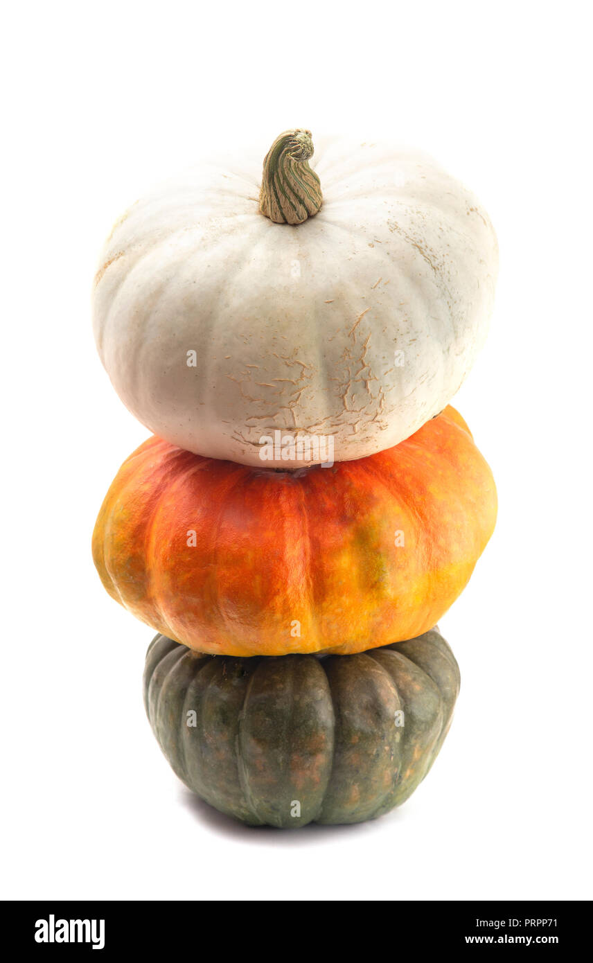 Three Colors of Pumpkins Stacked Smallest to Largest on a White ...
