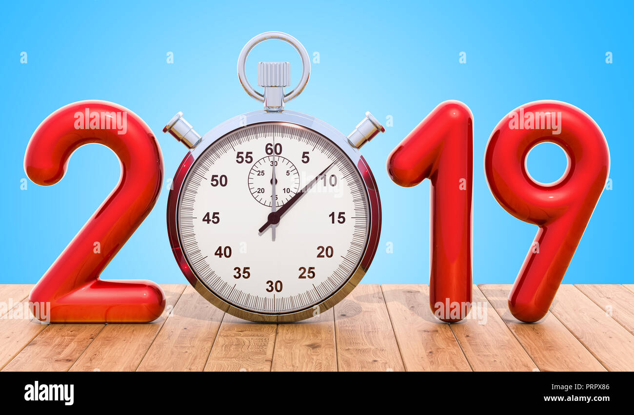2019 concept with stopwatch on the wooden table. 3D rendering Stock Photo - Alamy