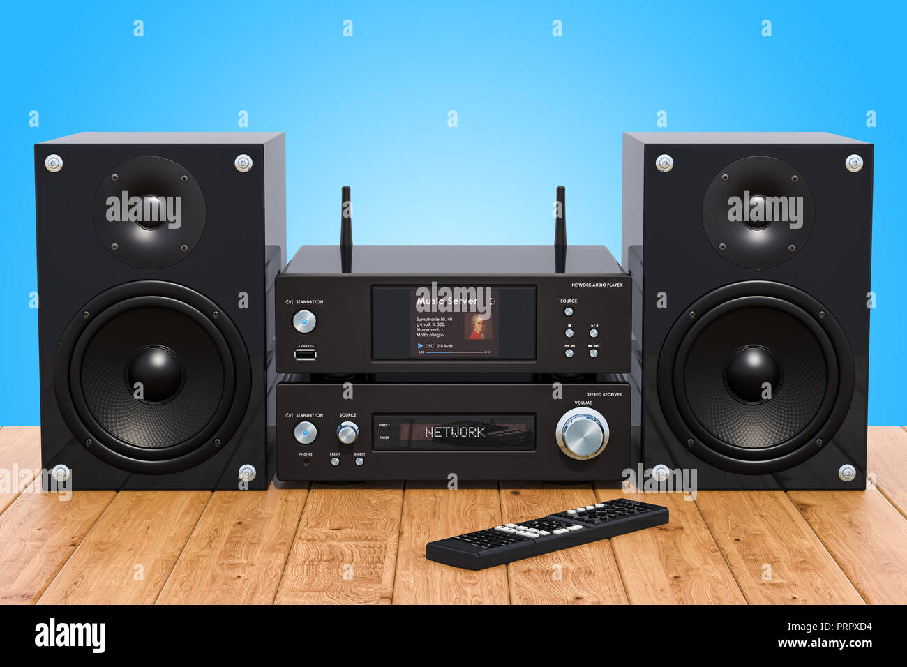 Home Stereo System on the wooden table, 3D rendering Stock Photo - Alamy