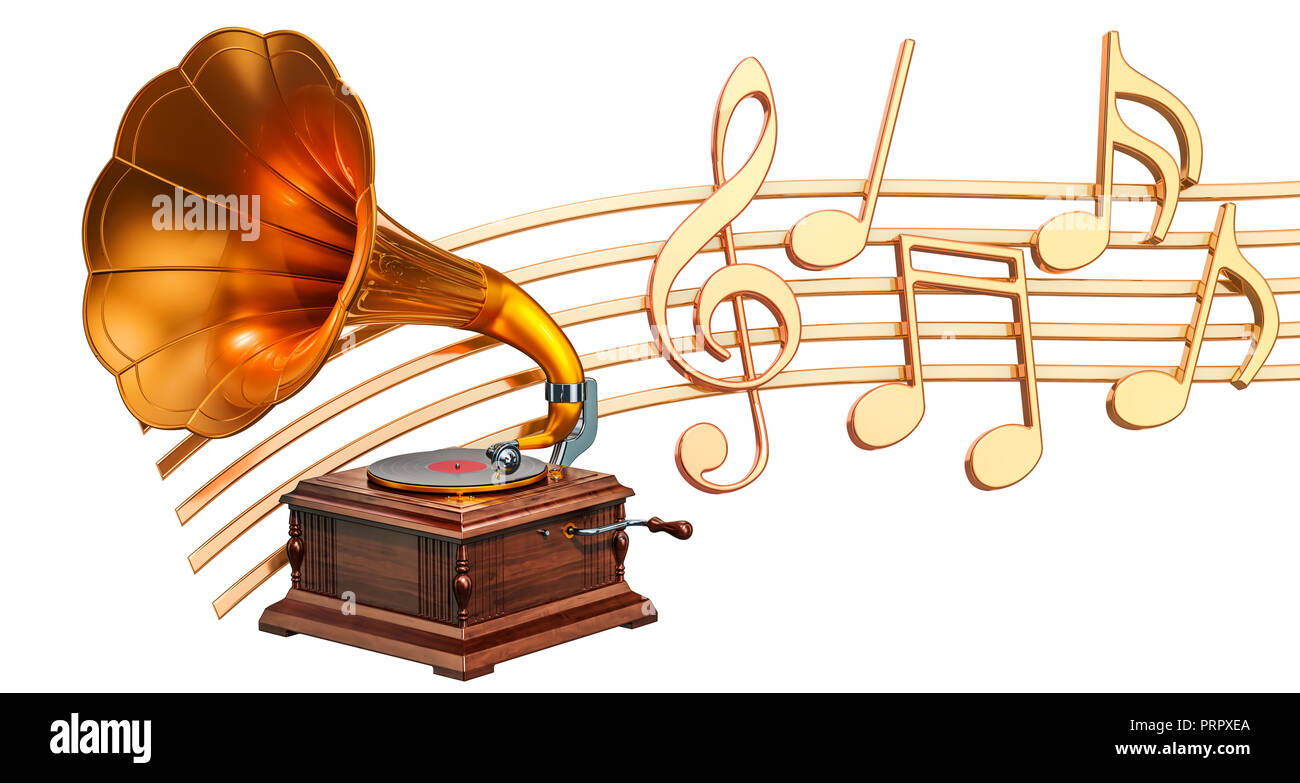 Musical concept. Gramophone with music notes, 3d rendering isolated on ...
