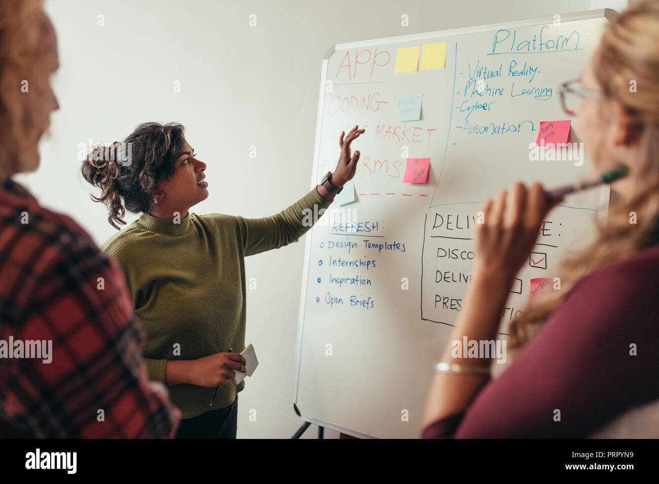 Young woman giving presentation over white board to team at tech ...