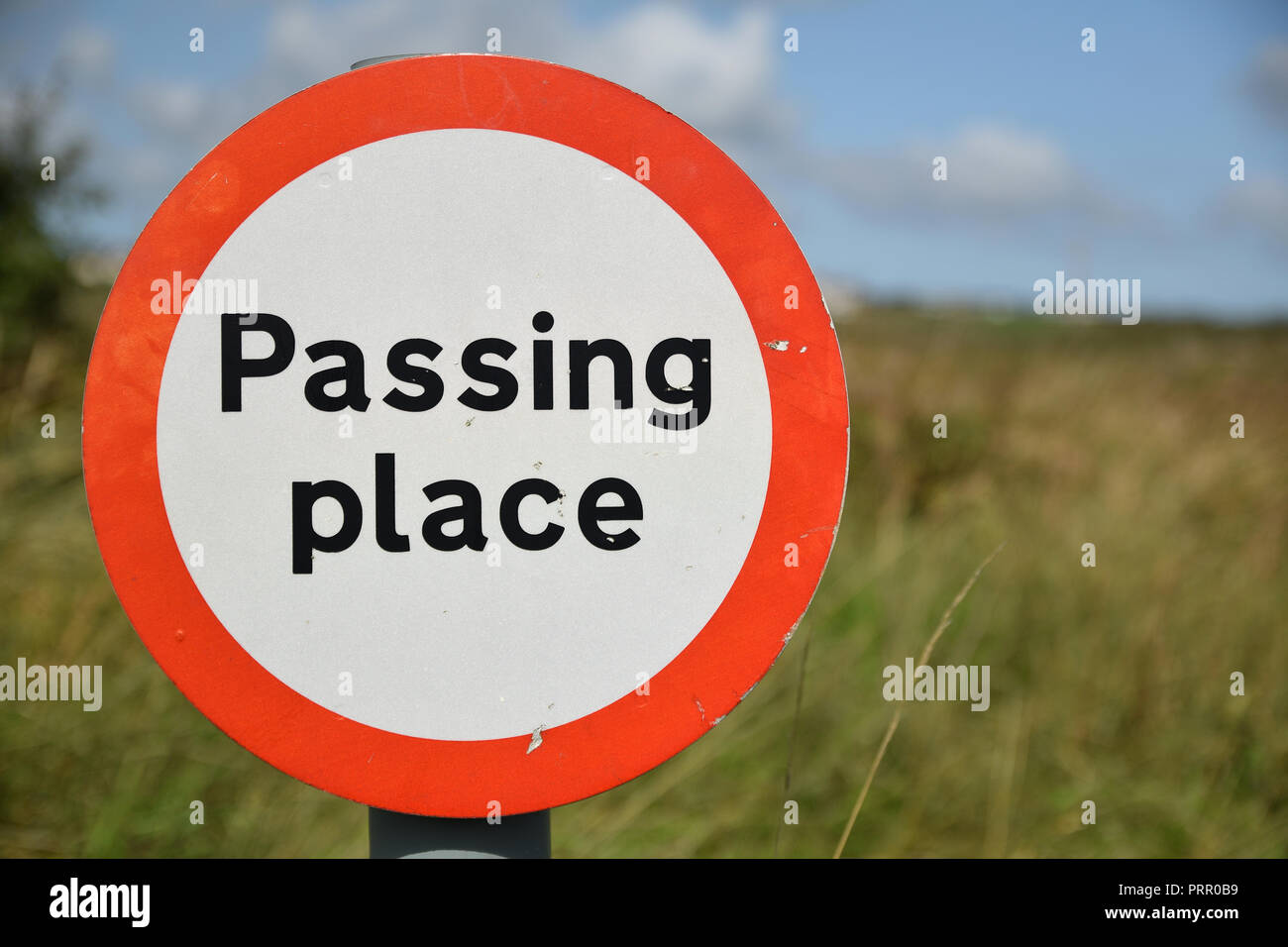 Passing place road sign with black text in a red circle with grass and ...