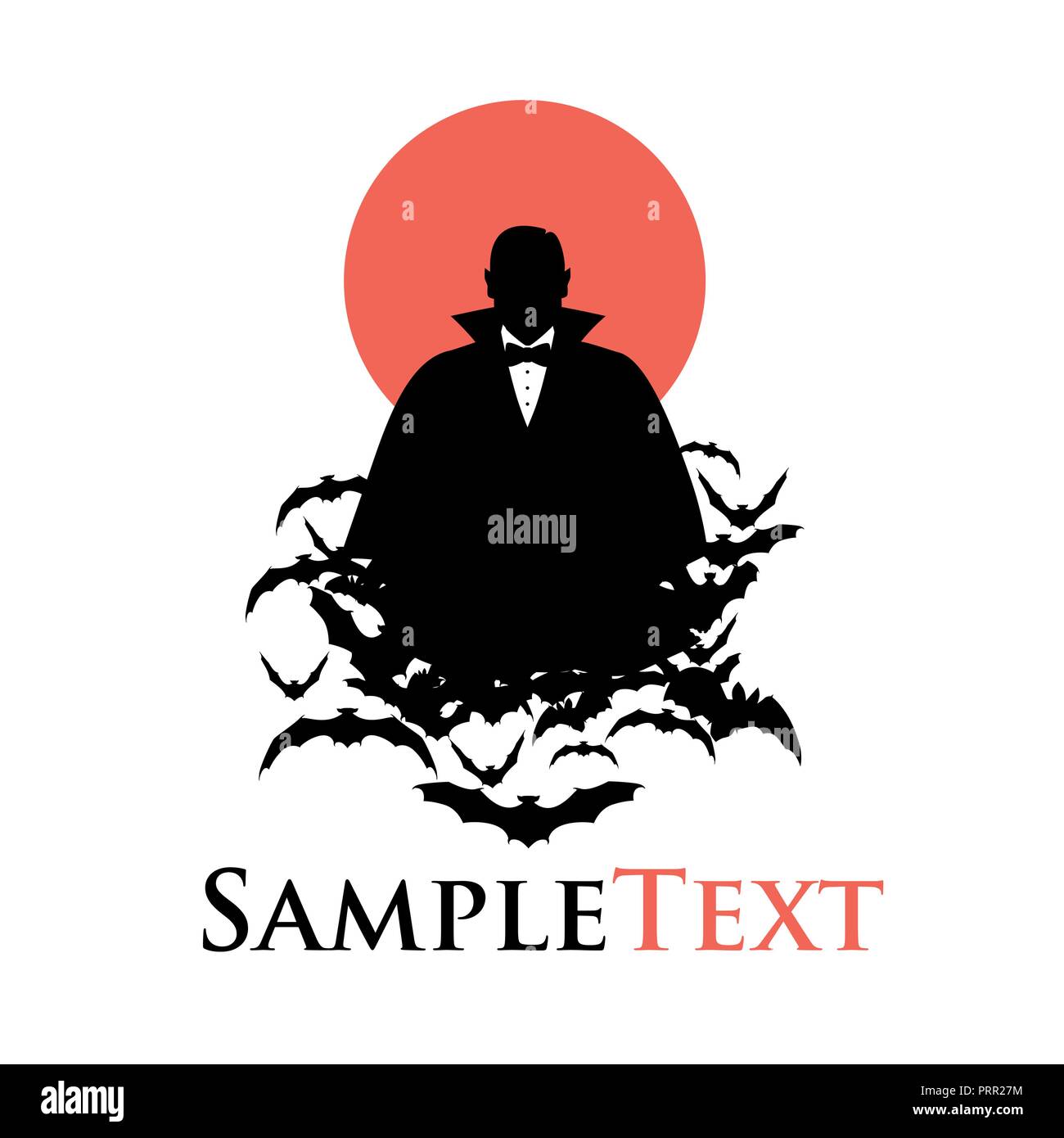 Silhouette of vampire on a cloud of bats and red moon in the background ...