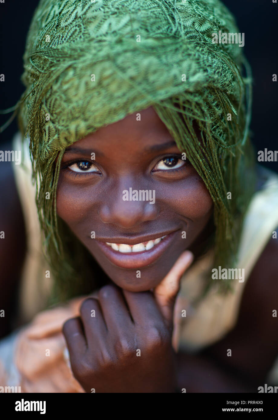 Portrait of a smiling Mudimba tribe girl, Cunene Province, Cahama ...
