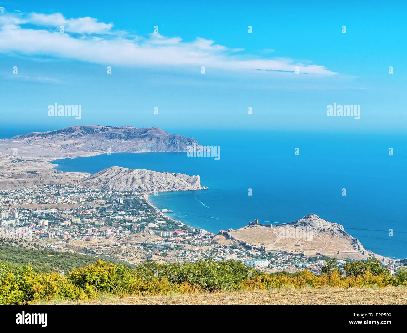 Summer view of Genoese fortress in Sudak city and Sudak bay Stock Photo ...
