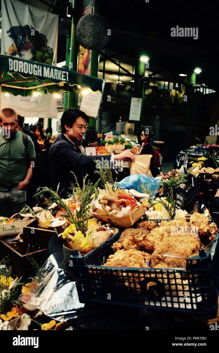 Wild mushrooms and fungi on display, Borough Market, Southwark, London ...