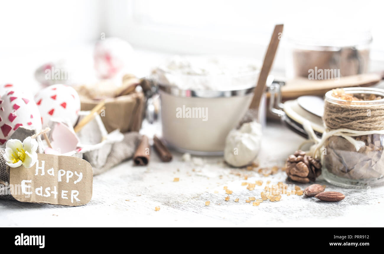 easter cooking still life with elements of cooking Easter cake and eggs ...