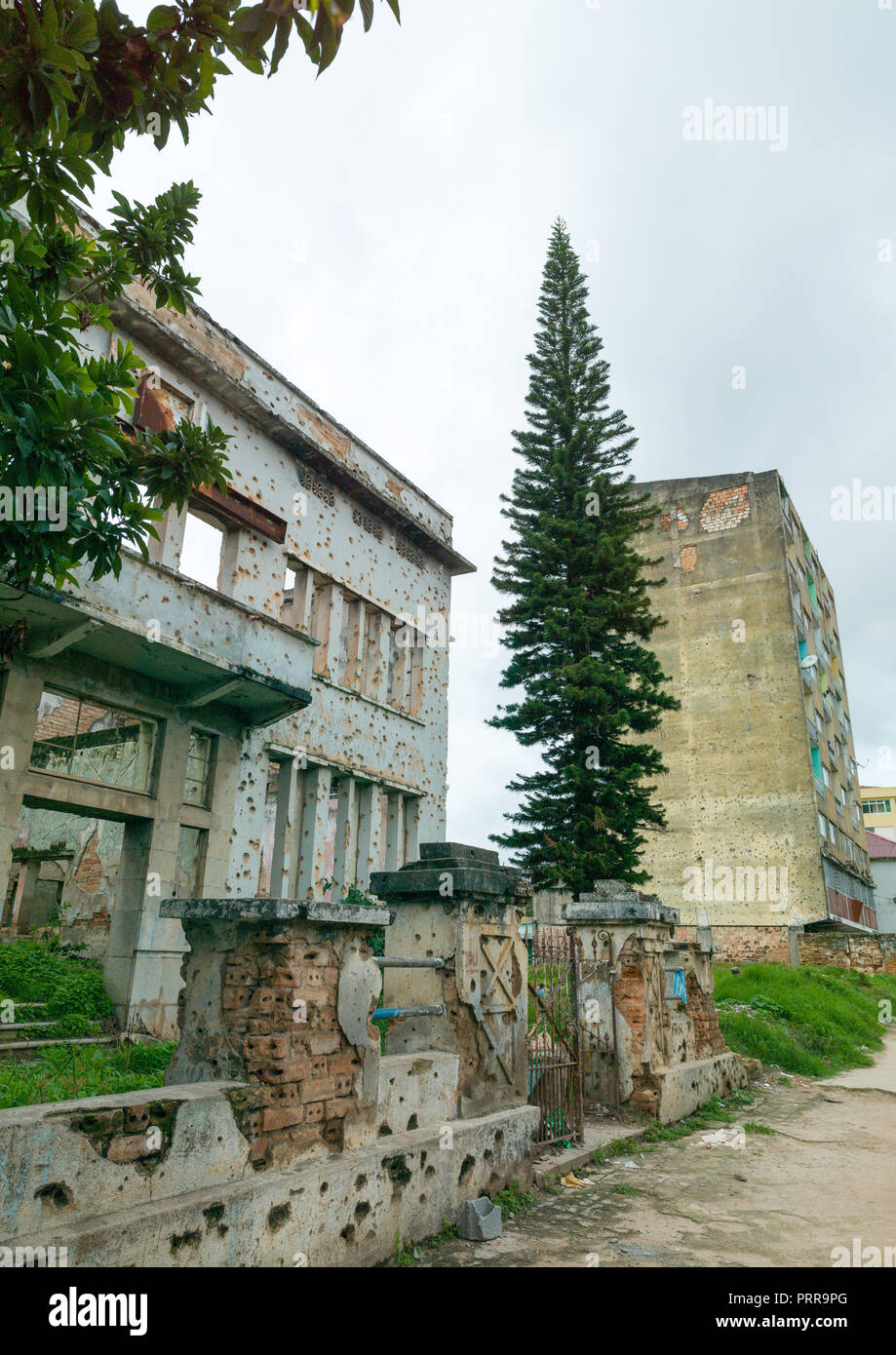 Building riddled with bullet impacts from civil war, Huambo Province ...