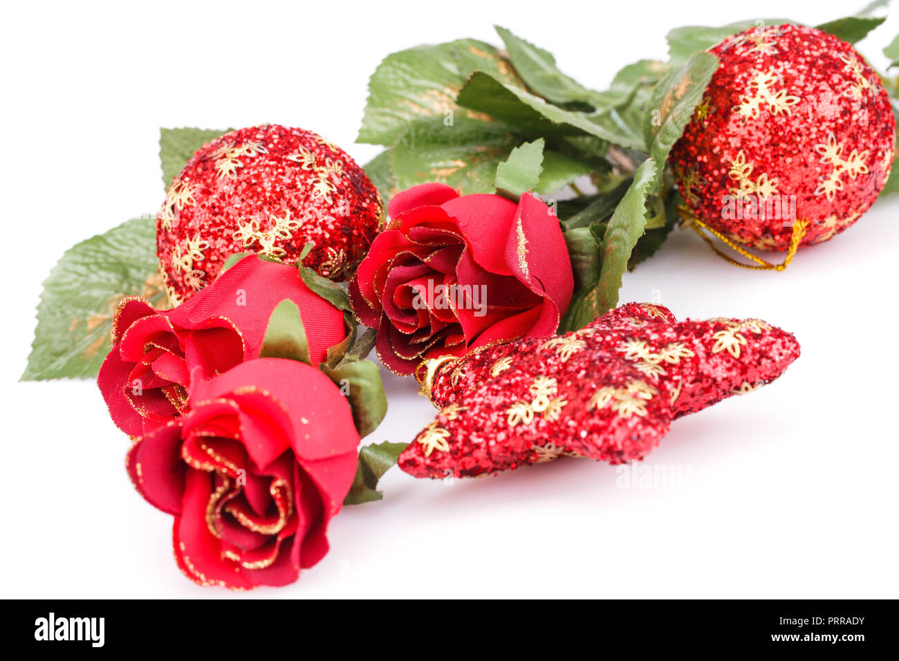 Christmas red balls, star and roses isolated on white background Stock ...
