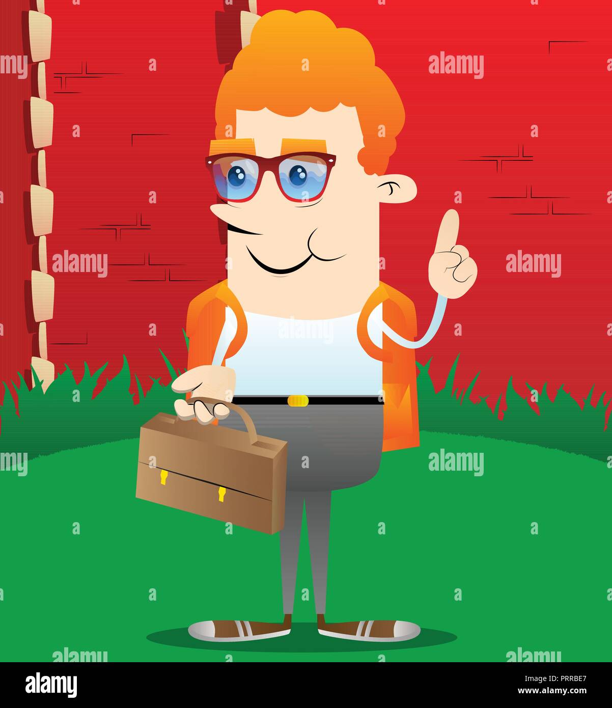Schoolboy holding suitcase and making a point. Vector cartoon character ...