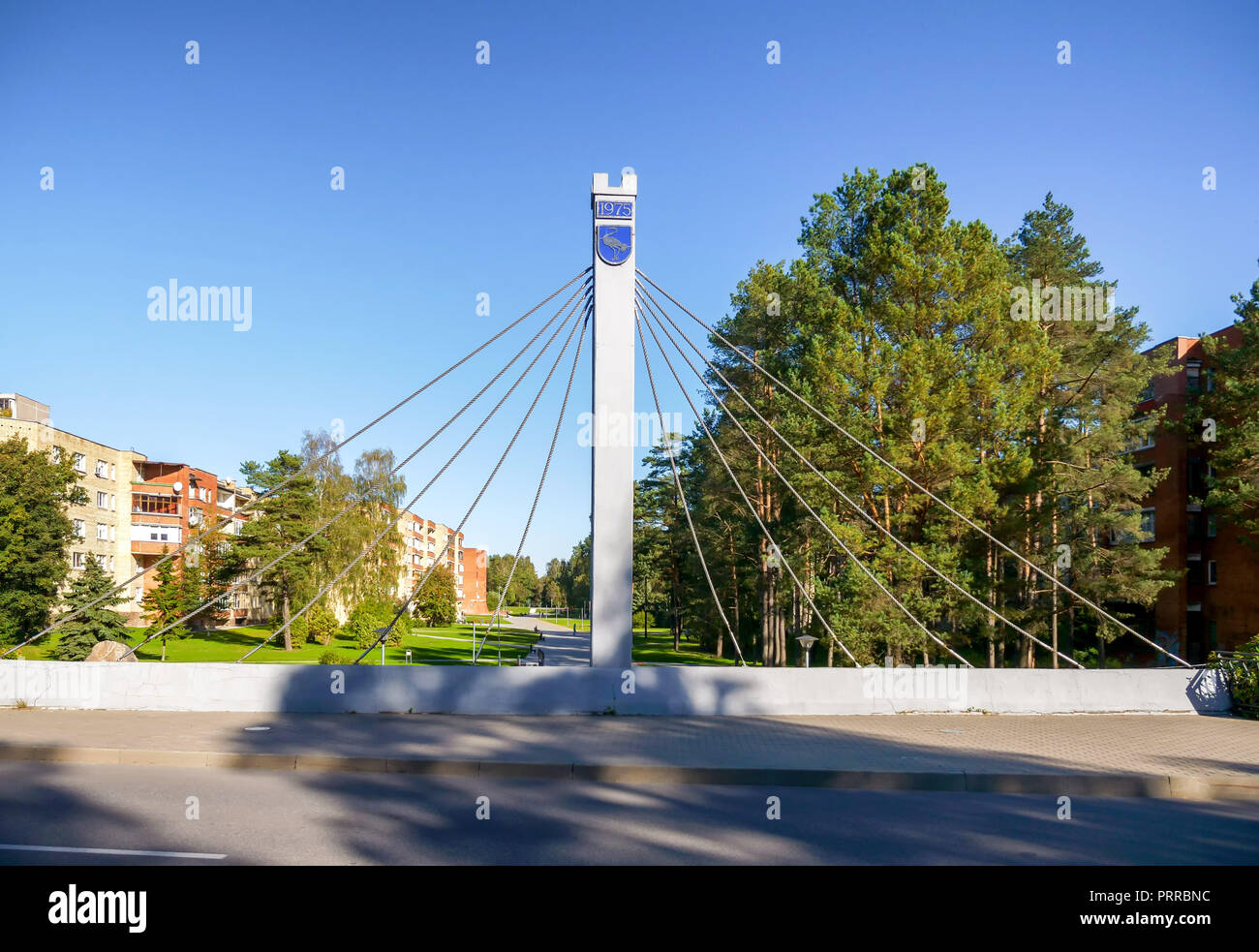 Town memorial emblem of Visaginas Lithuania with stork symbol and ...