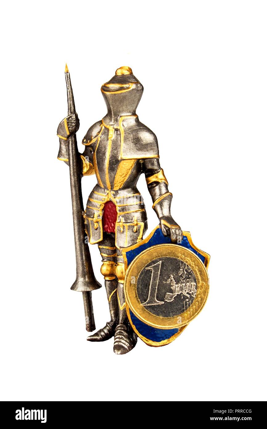 Metal knight figurine holding euro coins isolated on white. Defense of ...