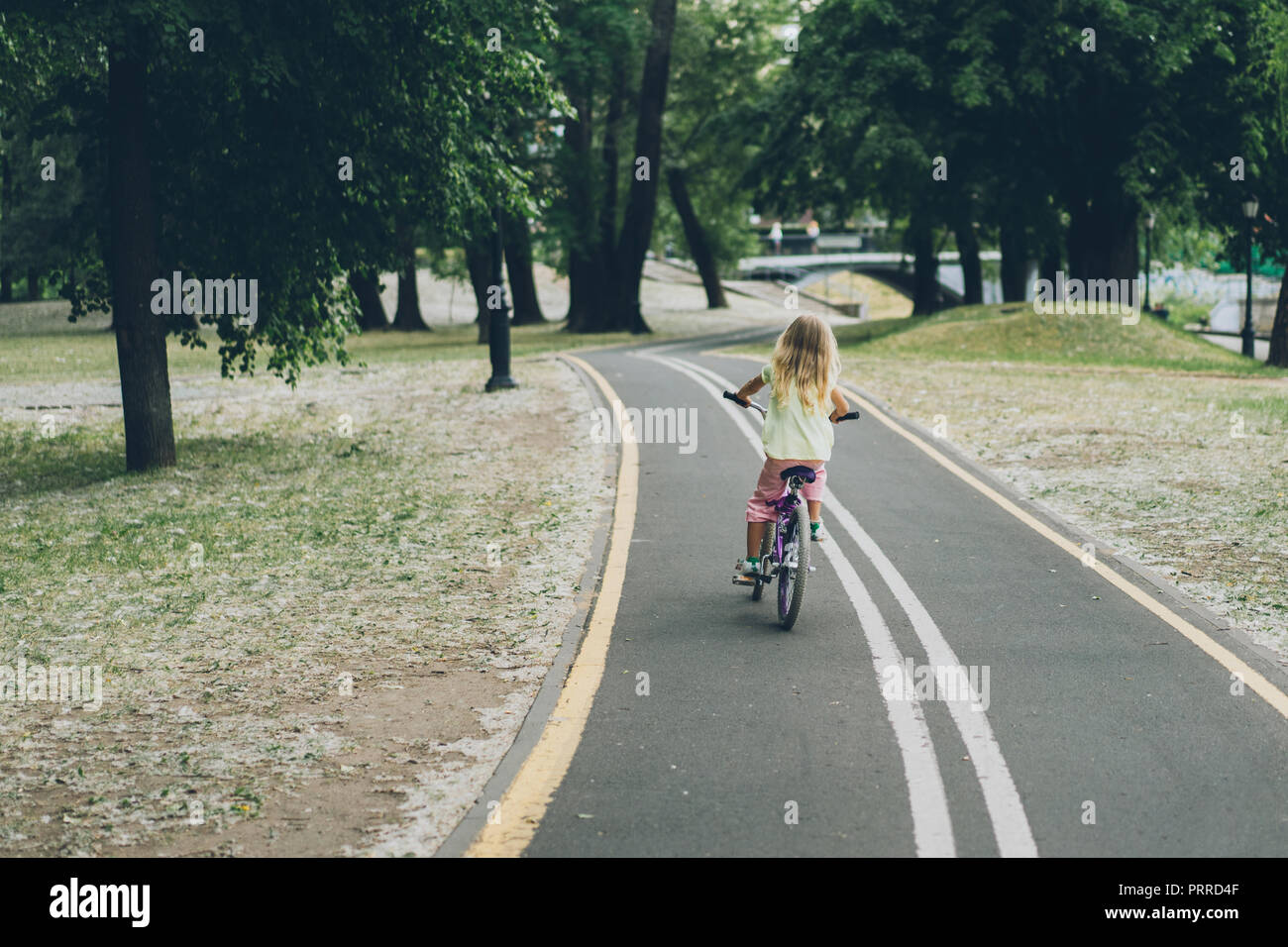 back view of blond child riding bicycle on road in park Stock Photo - Alamy