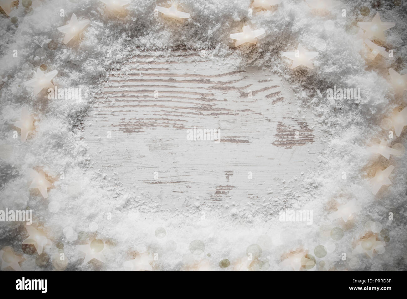 White Wooden Christmas Background, Snow And Lights Stock Photo - Alamy