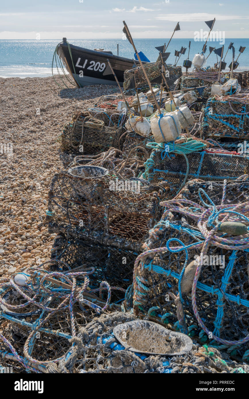 Bognor regis beach with traditional open lobster and crab fishing boat ...